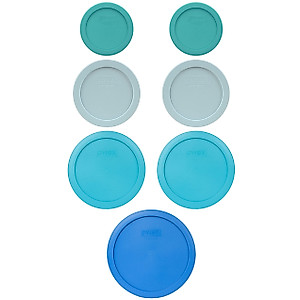 Pyrex (2) 7202-PC Turquoise Lids & (2) 7200-PC Muddy Aqua Lids & (2) 7201-PC Surf Blue Lids & (1) 7402-PC Marine Blue Lid Made in the USA