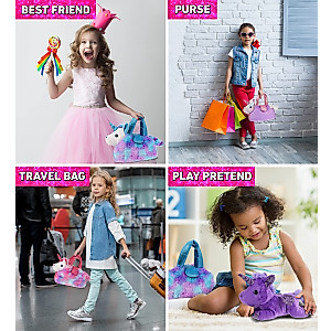 DolliBu Unicorn Bags Collection Set of 4 - Unicorn Stuffed Animal Purse Bags for Girls, Removable White, Purple, Rainbow, Blue Unicorns in Furry Handbags