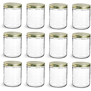 North Mountain Supply 16 Ounce Glass Wide Mouth Straight-Sided Canning Jars - with Gold Metal Lids - Case of 12