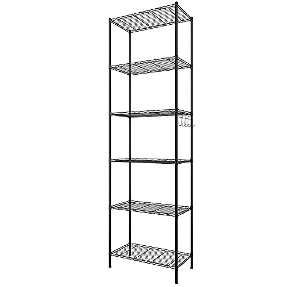 Homdox 6-Tier Storage Shelf Wire Shelving Unit Free Standing Rack Organization Adjustable Leveling Feet, Stainless Side Hooks, Black