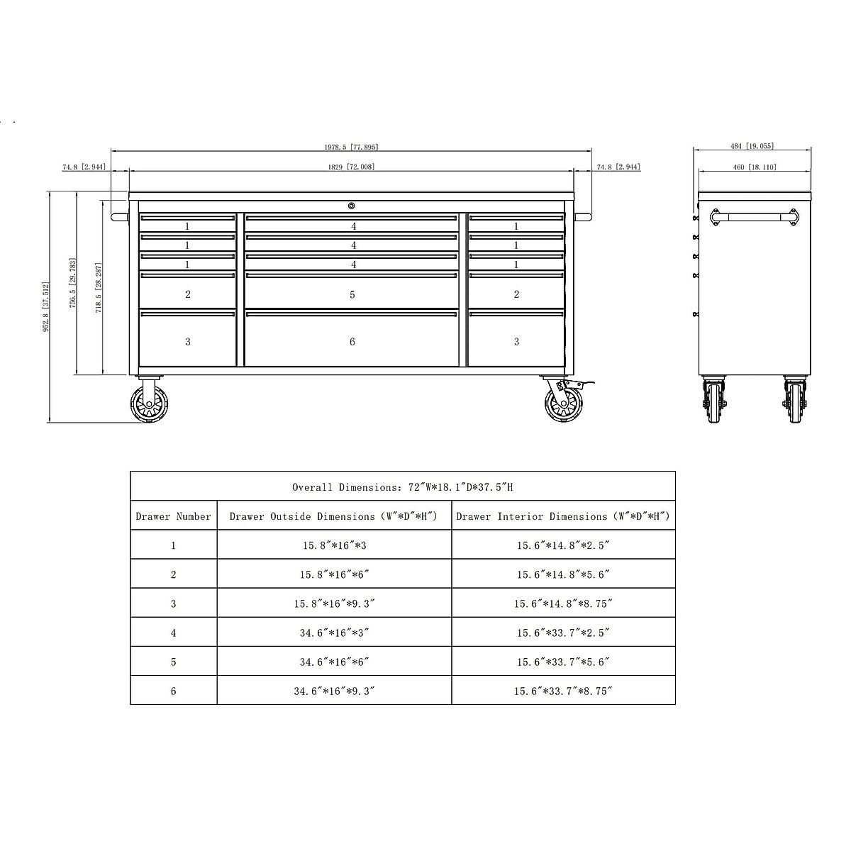 CT Copper Tailor 72-inch Tool Chest with 15 Drawers and Wheels, Mobile Garage Workbench Storage Tool Cabinet, Large Rolling Tool Box with Wood Top
