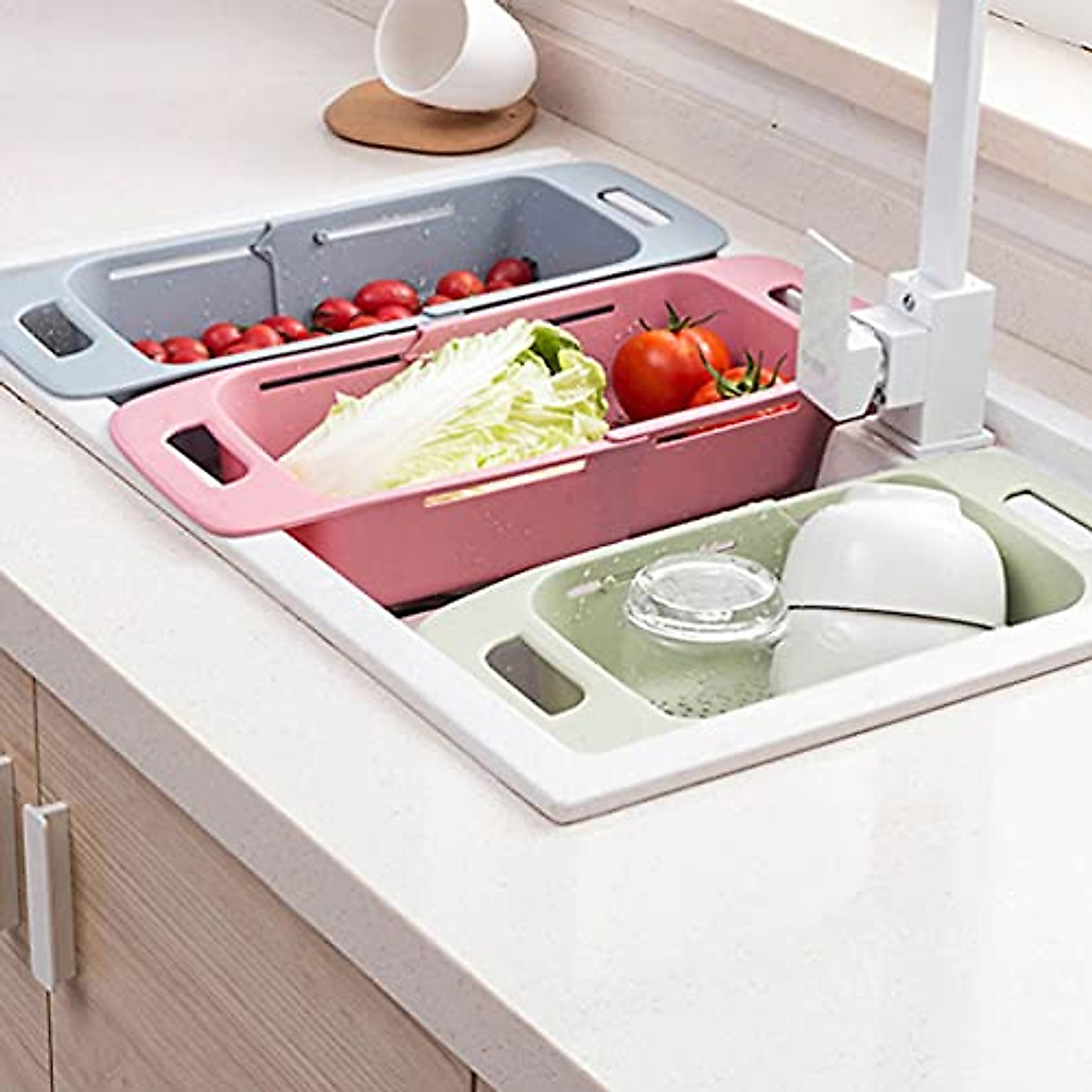 Cabilock Expandable Dish Drying Rack Adjustable Over The Sink Dish Drainer Utensil Silverware Fruit Storage Holder Basket for Home Kitchen Pink