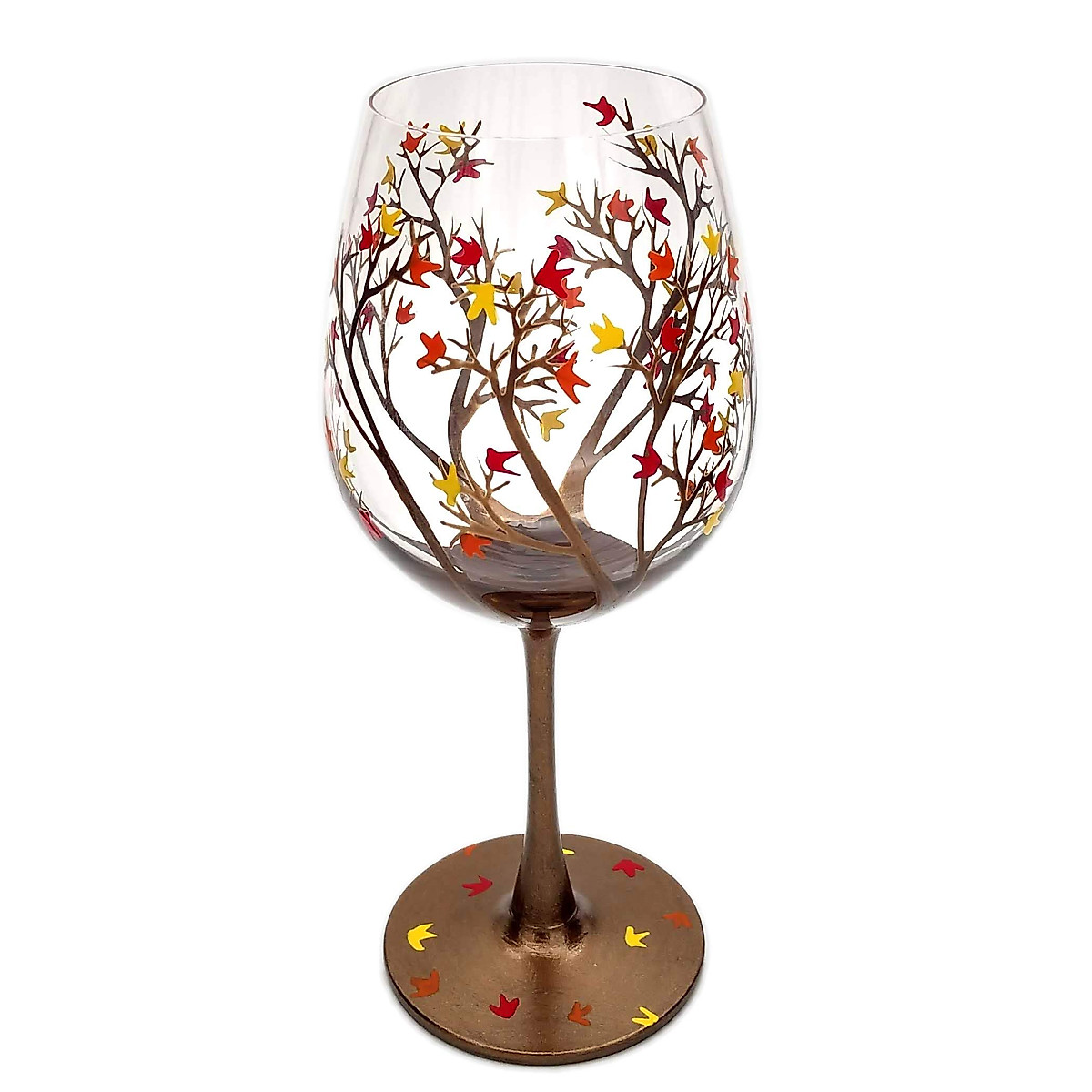 Autumn Tree Wine Glass - Fall Colors - Leaves of Red, Yellow, Orange - Hand Painted - Fall Leaf - 20 ounce