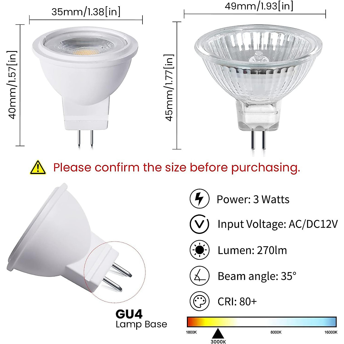 Lustaled 12V MR11 GU4.0 LED Light Bulb 3W G4/GU4/GZ4 Bi-Pin Base LED Spot Light Low Voltage MR11 Landscape Bulbs 25W Halogen Equivalent Warm White 3000K for Accent Recessed Lamp (4-Pack)