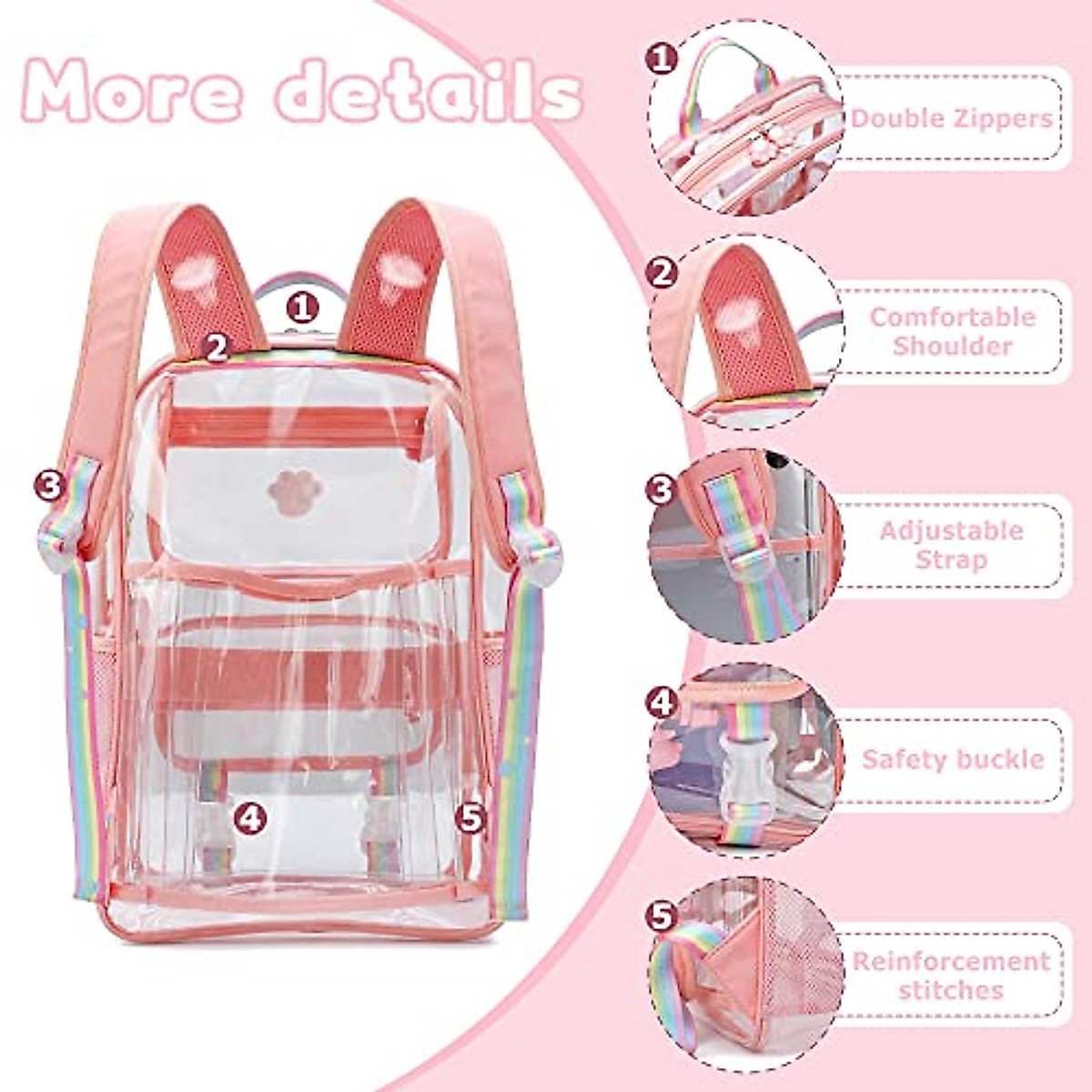 Maod Clear Backpack Heavy Duty Stadium Approved PVC Transparent Large School Book Bag with Free Sticker and A Pendant (Pink)