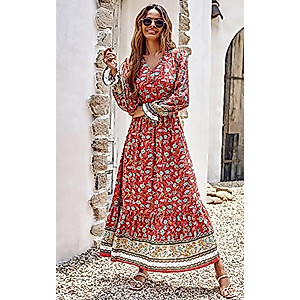 PRETTYGARDEN Women's Long Sleeve Floral Dress - V-Neck Casual Boho Fall Long Maxi Dresses for Wedding Guest (Red,Medium)