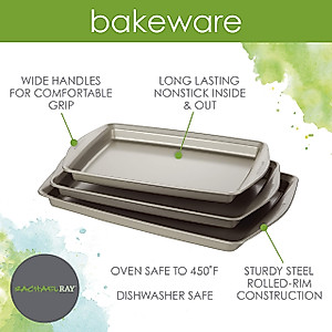 Rachael Ray Nonstick Bakeware Set without Grips includes Nonstick Cookie Sheets / Baking Sheets - 3 Piece, Silver