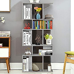 Giantex 5-Tier Geometric Bookshelf, 70'' Tall Wood Freestanding Decorative Display Open Shelves with Anti-Tipping Device, Each Shelf Holds up to 44 lbs, Wooden S Shaped Bookcase, Gray