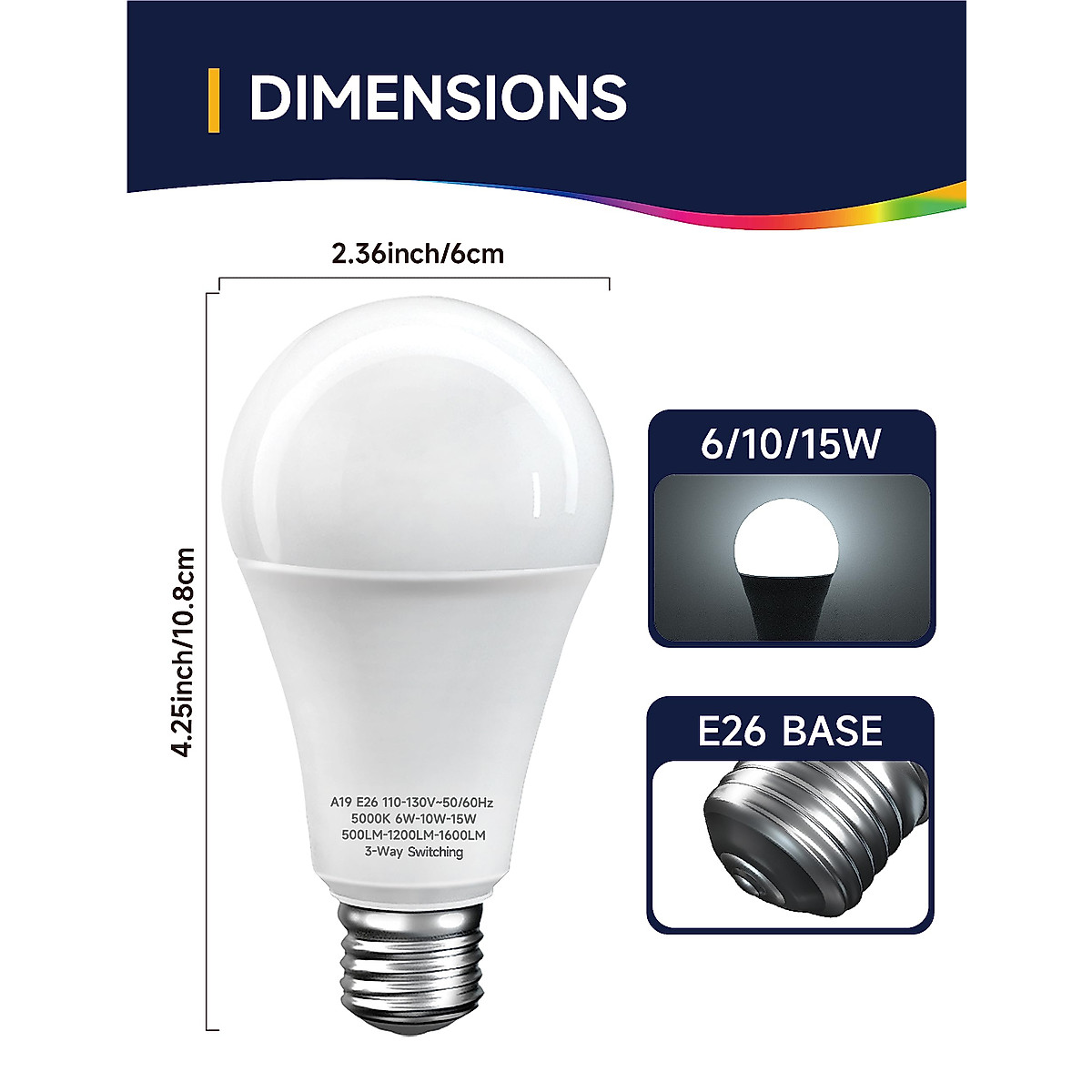 UNILAMP 3 Way LED Light Bulbs, 3 Way Light Bulbs 30 70 100W Equivalent, Daylight White 5000K, Three Way A19 Light Bulbs E26 Medium Base, 3-Way Light Bulbs for Desk Lamps, Floor Lamps, 2 Pack