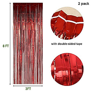 Twinkle Star Photo Booth Backdrop Foil Curtain Tinsel Backdrop Environmental Background for Birthday Party, Wedding, Graduation, Christmas Decorations (2 Pack, Red)