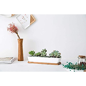 Kipokalor 11.1x2.36x1.77inch Long Rectangular Modern Minimalist White Ceramic Succulent Planter Pot with Saucer for Office,Desk,Window.