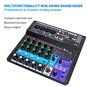 6 Channel Audio Mixer - Portable Digital Line Mixer Console Build-in 24 DSP Effects BT Function 48V Phantom Power for Karaoke Streaming by YOUSHARES
