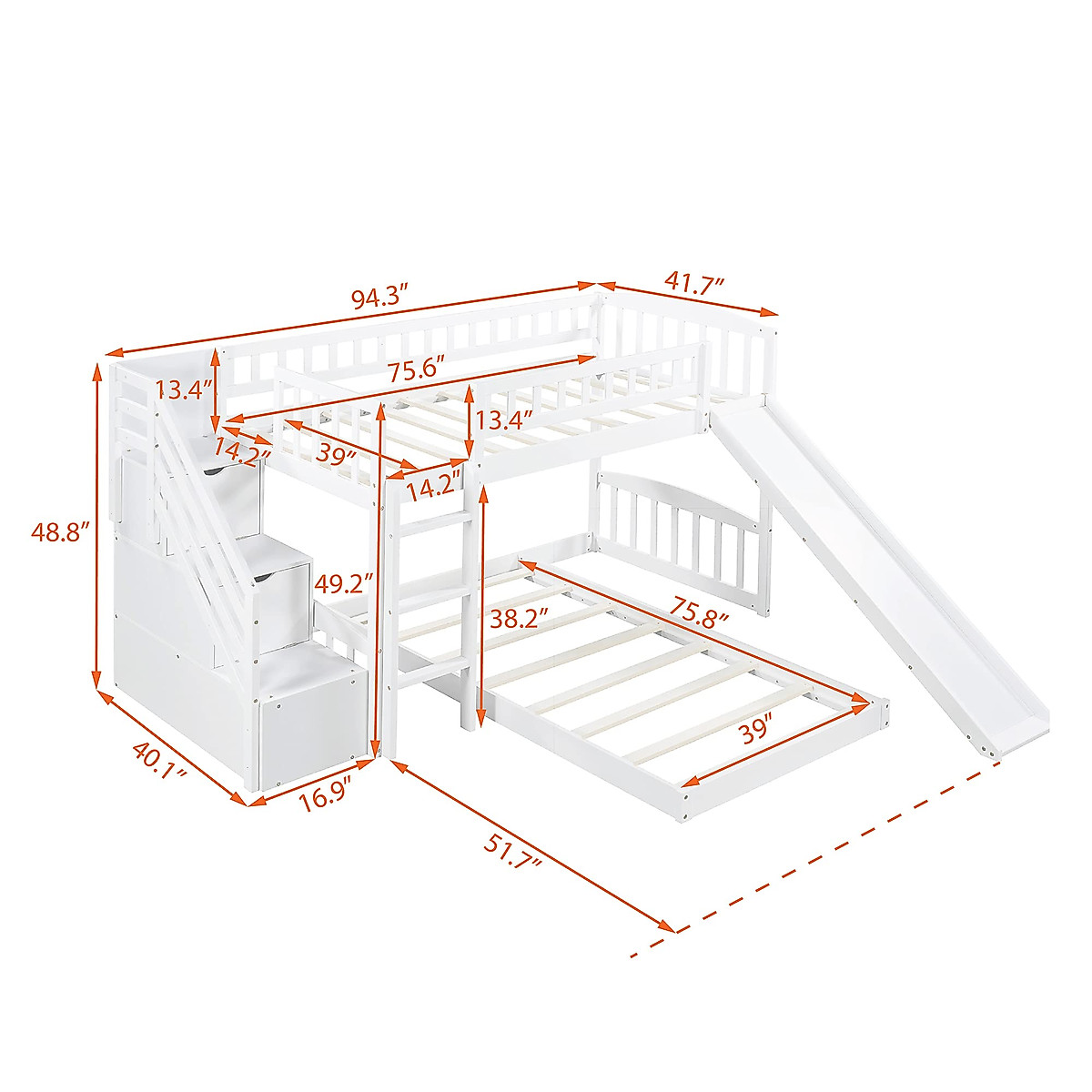 Harper & Bright Designs Twin Over Twin Bunk Beds with Slide and Stair, Solid Wood Low Bunk Bed with Storage Drawers and Guardrails for Kids Teens Bedroom, Guest Room Furniture (No Box Spring, White)