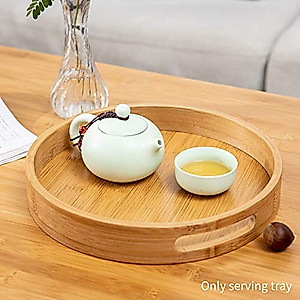 Round Wood Serving Tray with Handles - Natural Wooden Bamboo Ottoman Tray - Coffee Table Decor Food Storage Trays for Breakfast, Lunch, Dinner, Patio, Coffee Table, BBQ, Party