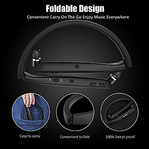 RoomyRoc Bluetooth Headphones, Wireless Neckband Headset Evoking Siri & Bixby with Retractable Earbuds, Sports Sweat-Proof Noise Cancelling Foldable Stereo Earphones with Mic (Black)