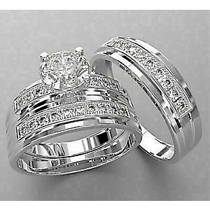 2.25 Ct Round Cut Diamond Wedding Band Trio Engagement Band Ring Set 925 Sterling Silver 14K White Gold Finish Anniversary Stacking Matching Gorgeous Promise Ring Gift For Couple