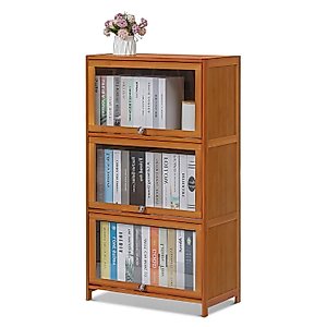 Magshion Bamboo 3-Tier Display Case Bookcase with Clear Acrylic Flip-Up Doors, Brown Kitchen Cabinet Storage Pantry Cabinet Showcase Storage Cabinet Organizer - 23.2" L x 12.6" W x 41.7" H