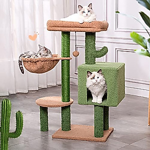 MeowSir Cactus Cat Tree 34 Inches Cute Cat Tower with Padded Top Perch, Comfy Hammock, Private Condo, Fully Scratching Post and Dangling Bell Ball for Indoor Cats- Khaki