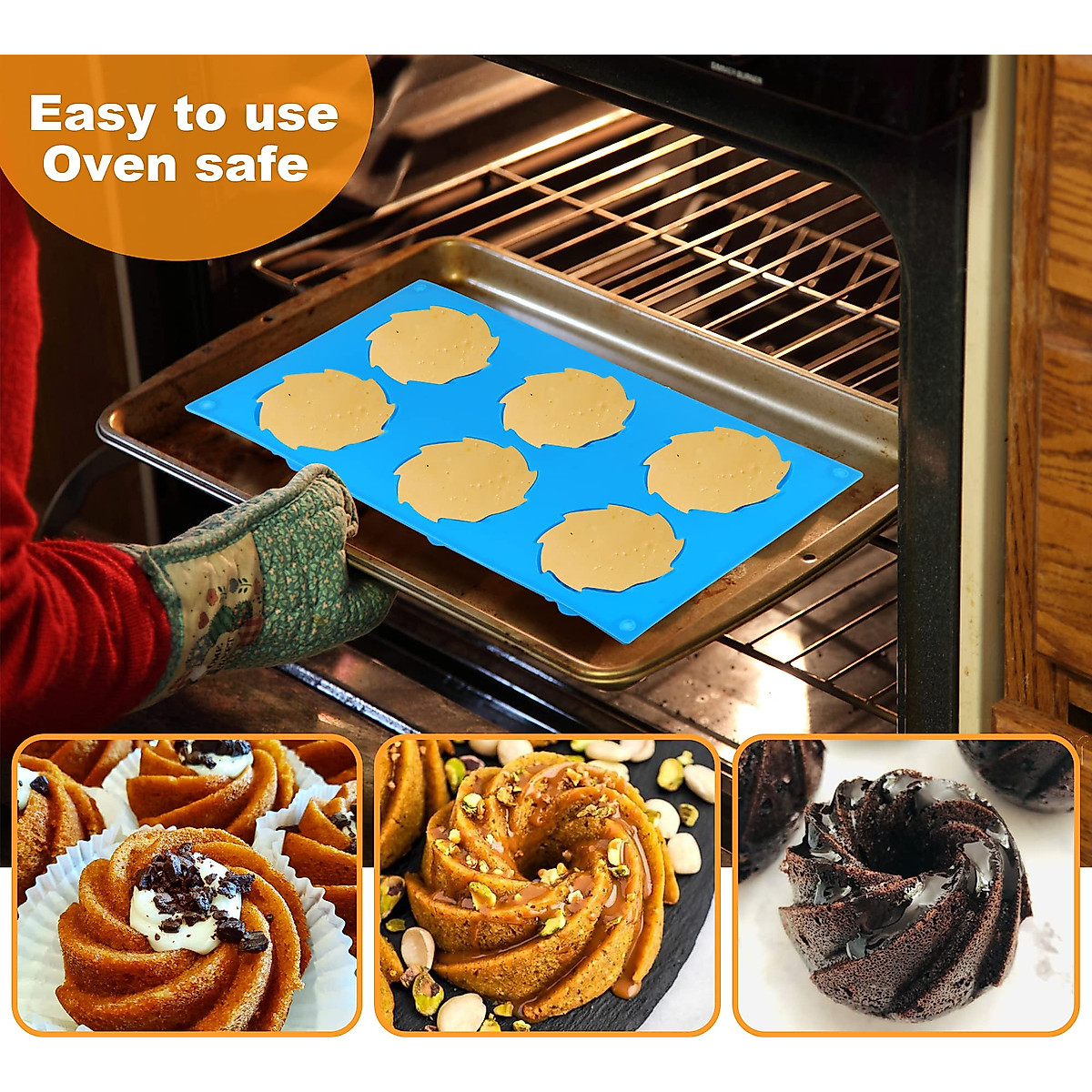 3PCS Mini Bundt Cake Pan, 6Cavity Heritage Bundtlette Cake Silicone Mold for Baking,Non Stick Fancy Molds for Fluted Tube Cake (Bundt)