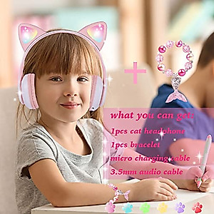 kuyaon Wireless Headphones for Kids, Cat Ear LED Light Up Bluetooth Kids Headphones with Microphone for School/Travel/Sports/Gaming/Gifts/Christmas (Pink)