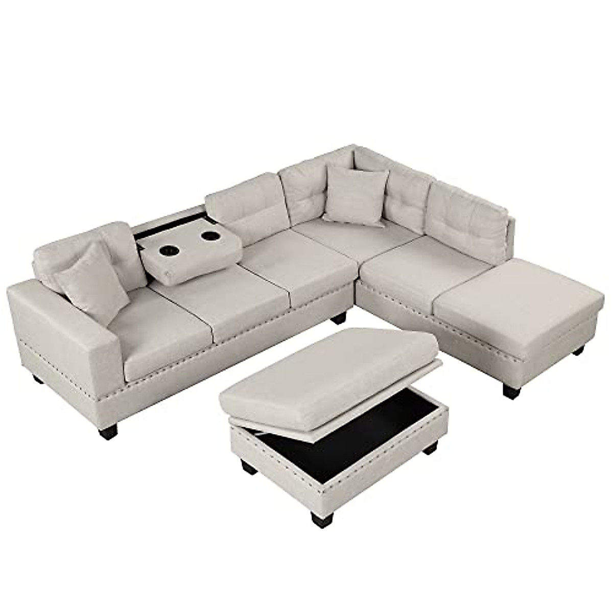 Eafurn L Shaped Sectional Reversible Chaise and Drop Down Table & Cupholders, Upholstery Corner Storage Ottoman, Tufted Convertible Sofa & Couch for Living Room Furniture Set, Gray