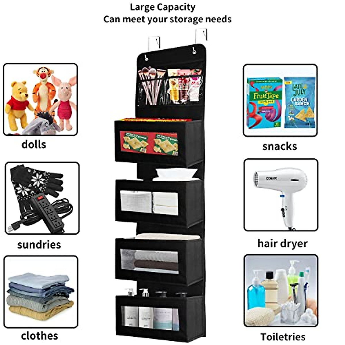 2 Pack Over Door Hanging Organizer, Boczif 5-Shelf Wall Mount Storage with 4 Large Pocket and Mesh Clear Window, Closet Door Organizer for Bathroom,Pantry,Closet,Dorm,Toys,Kitchen, Cosmetics (2-Black)