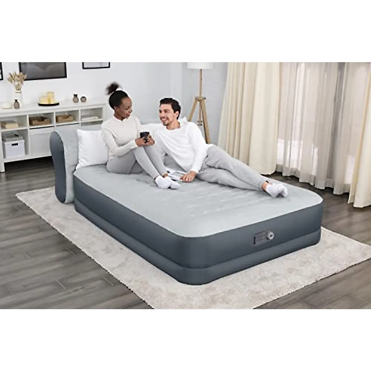 SLEEPLUX Queen Air Mattress with Headboard | Supersoft Snugable Top, Extra Durable Tough Guard | Raised Airbed with Built in Pump + USB Charger (90"x60"x29") Grey