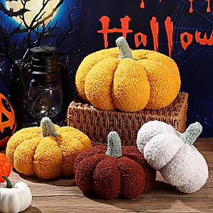 4 Pcs Pumpkin Throw Pillow Cushion 3D Thanksgiving Pillow Fall Pumpkin Pillow Fluffy Stuffed Pillow Plush Pillow for Thanksgiving Bedroom Sofa Supplies 11 Inches, 7 Inches(White, Yellow, Brown, Pink)