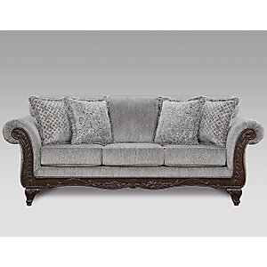 Roundhill Furniture Hernen Carved Wood Frame Sofa, Gray