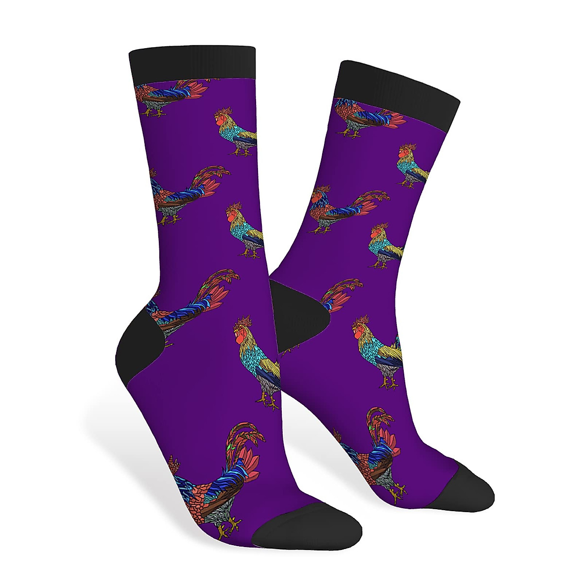 AOYEGO Roosters Funny Socks Colored Cock Poultry Retro Elegance Bantam Purple Novelty Casual Crew Socks Contrast Color Design for Women Men Gift