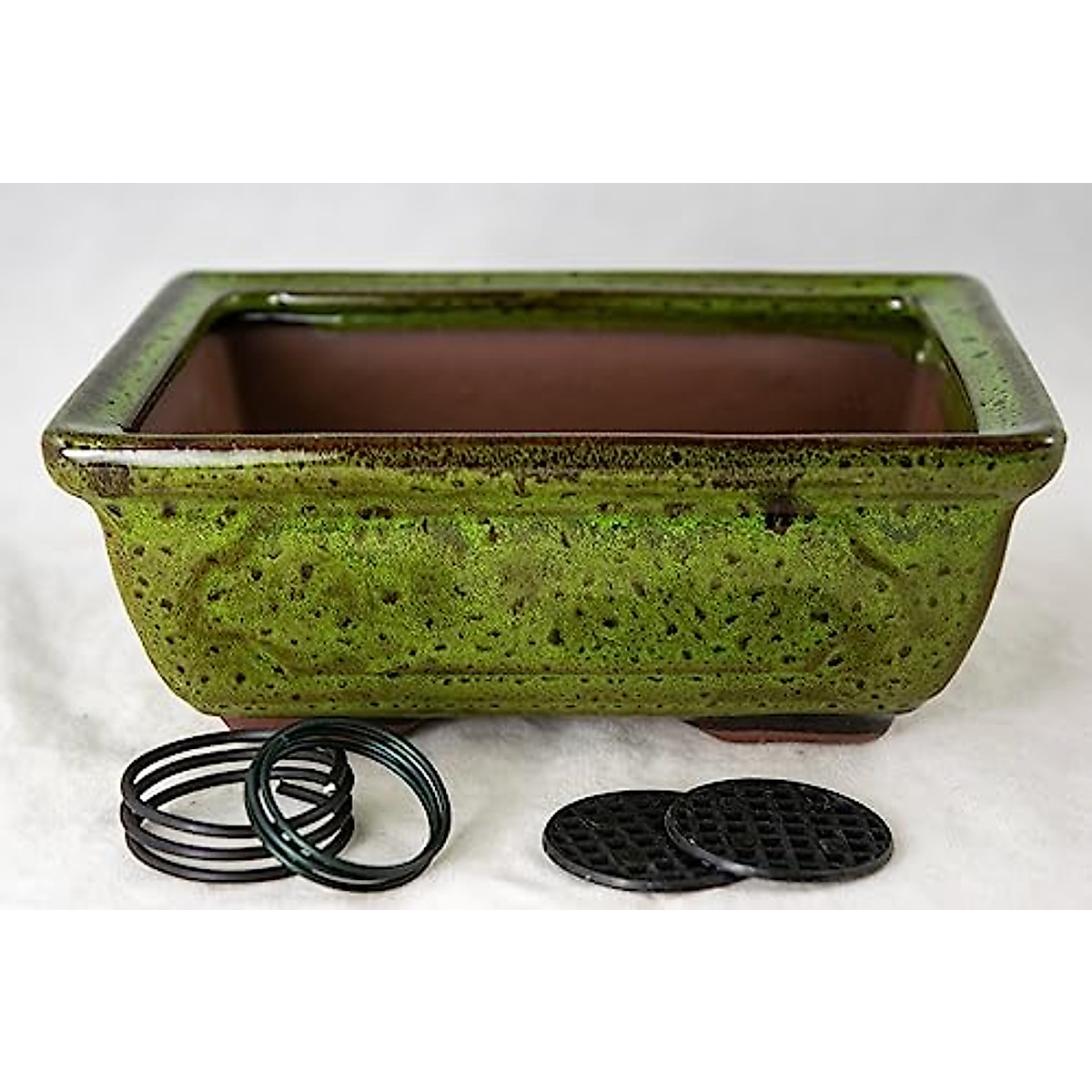 Rectangular Shohin Bonsai Pot, Cactus & Succulent Planter 6"x 4.5"x 2.25" w/Mesh & Wire - Moss Green