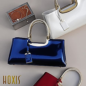 HOXIS Glossy Faux Patent Leather Structured Shoulder Handbag Women Evening Party Satchel (Navy)