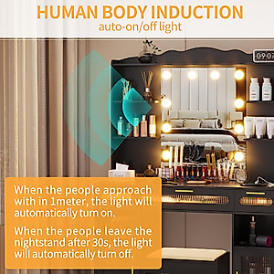 Vlsrka Black Vanity Desk with Mirror and Lights, Makeup Vanity Set with Charging Station, Power Strip, Vanity Table with Hollywood Mirror and Chair, 3 Colors Lighting Modes