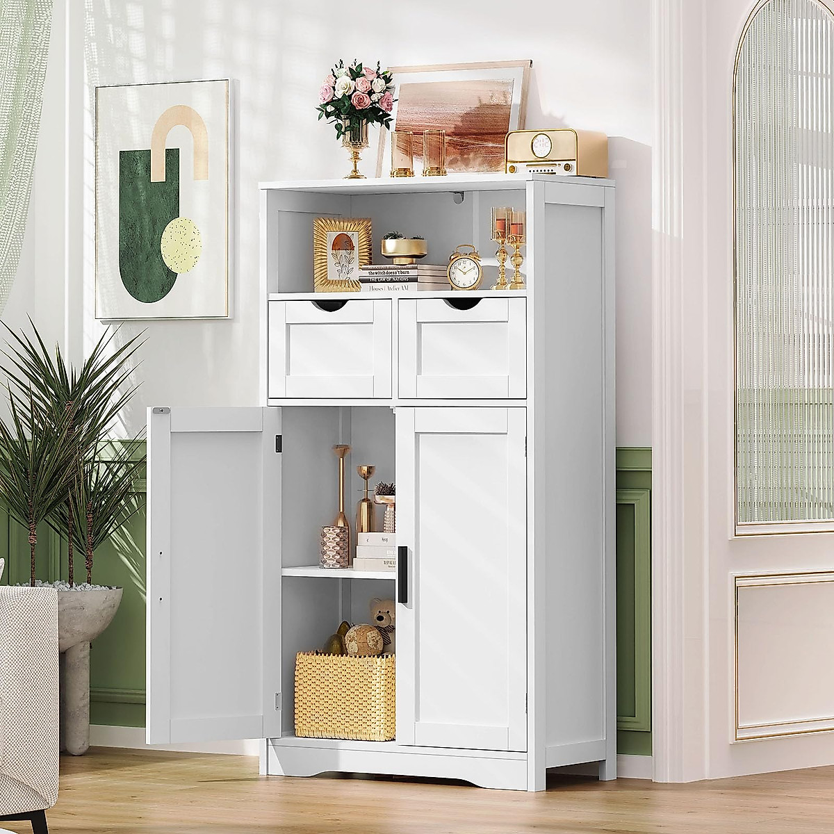 Iwell Storage Cabinet, Bathroom Cabinet with 2 Drawers & Adjustable Shelves, Bathroom Storage Cabinet with Doors for Living Room, Kitchen, Home Office, White