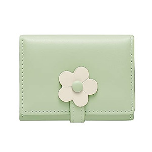 Sunwel Fashion Small Cute Trifold Wallet Slim Wallet ID/Photo Window Card Holder with 3D Flower Pattern Buckle for Women Girls (GREEN)