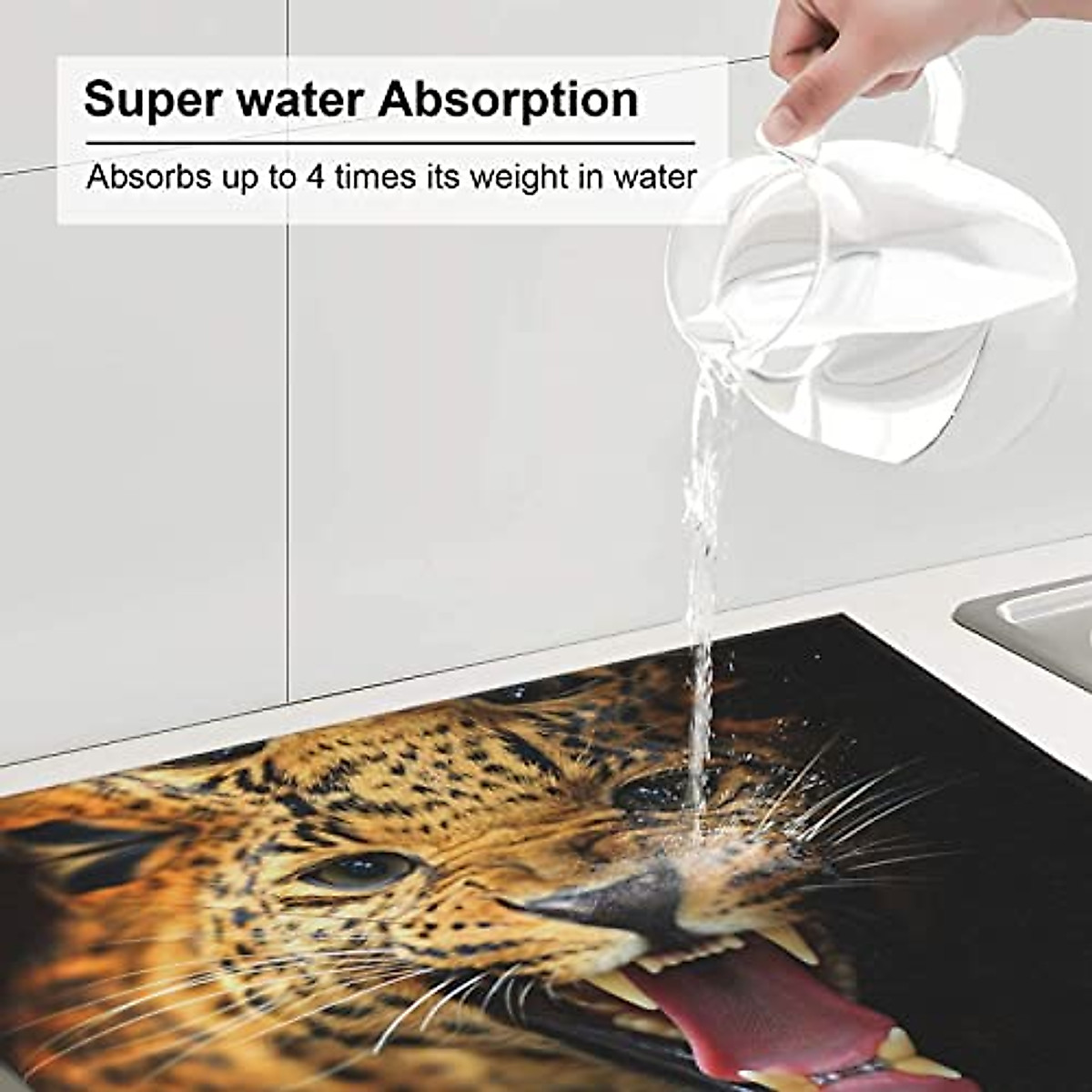 Leopard Printed Drying Mat For Kitchen Ultra Absorbent Microfiber Dishes Drainer Mats Non-Slip Silicone Quick Dry Pad - 18 X 16inch
