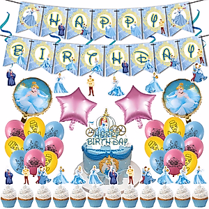 42 Cinderella Birthday Party Supplies Princess Theme Party Favor Includes Happy Birthday Banner,Balloons,Swirls,Cake Toppers for Kids Adults