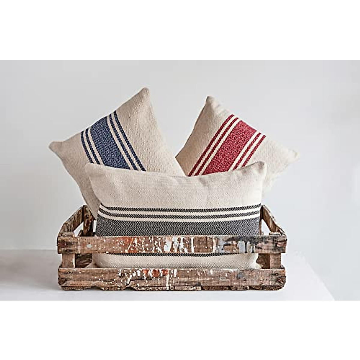 Creative Co-Op DA6448 Cream Cotton Canvas Pillow with Blue Stripes