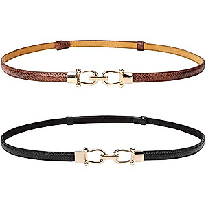 JASGOOD Leather Skinny Women Belt Thin Waist Belts for Dresses up to 37 Inches with Golden Buckle 2 Pack (02-Black+Brown, Waist size below 37 Inches)
