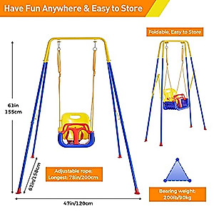 FUNLIO 3-in-1 Swing Set for Toddler with 4 Sandbags, Heavy-Duty Kid Swing Set for Backyard, Baby Swing Indoor/Outdoor Play, Folding Metal Stand & Clear Instruction, Easy to Assemble & Store
