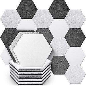 Drydiet 18 Pieces Hexagon Acoustic Panels Felt Sound Proofing Padding Beveled Edge Flame Retardant, 14 x 12 x 0.4 Inch High Density Dampening Panel for Studio Home Office, Light Grey, White, Dark Grey