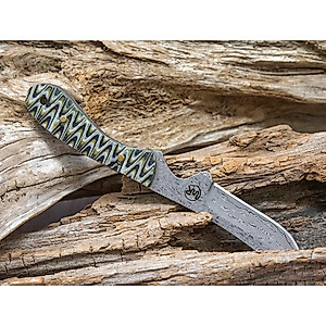 WHISKEY BENT HAT CO. Sendero Caper 440 Stainless Steel Fixed Blade Knife w/Leather Sheath (Brown Fang - Damascus Blade)