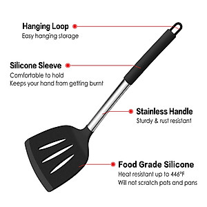 LIANYU 15-Piece Kitchen Cooking Utensils Set with Holder, Silicone Kitchen Tools Stainless Steel Handle, Slotted Spatula Spoon Turner Tong Whisk Brush for Cooking, Black