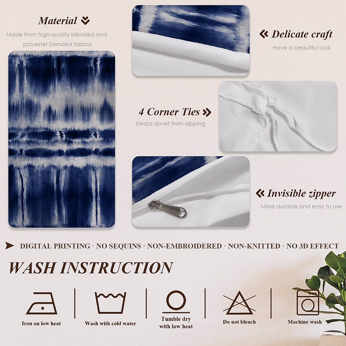 Shrahala Blue Tie Dye Duvet Cover Set Twin Size, Shibori Striped Navy Indigo Abstract Folk 3 Pieces Soft Brushed Duvet Covers with Button Closure, 100% Cotton (No Comforter)