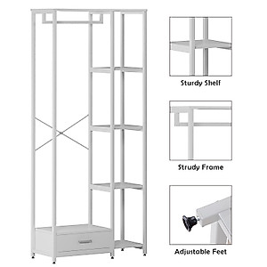 SogesGame Clothes Rack for Hanging Clothes, White Clothing Rack with Shelves and Drawer, Freestanding Garment Rack for Bedroom Wardrobe Rack for Hanging Coats, Shirts, Skirts, Sweaters