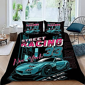 Quilt Cover Twin Size New York Street Racing 3D Bedding Sets Born to Ride Duvet Cover Breathable Hypoallergenic Stain Wrinkle Resistant Microfiber with Zipper Closure,beding Set with 2 Pillowcase