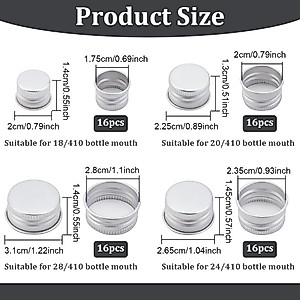 BENECREAT 64 Pcs Aluminum Caps Top Spiral Caps Flat Round Aluminum Caps Aluminum Cans Spiral Tops for Refillable Bottles Replacement Caps Inner Diameter: 17.5/20/23.5/28 mm