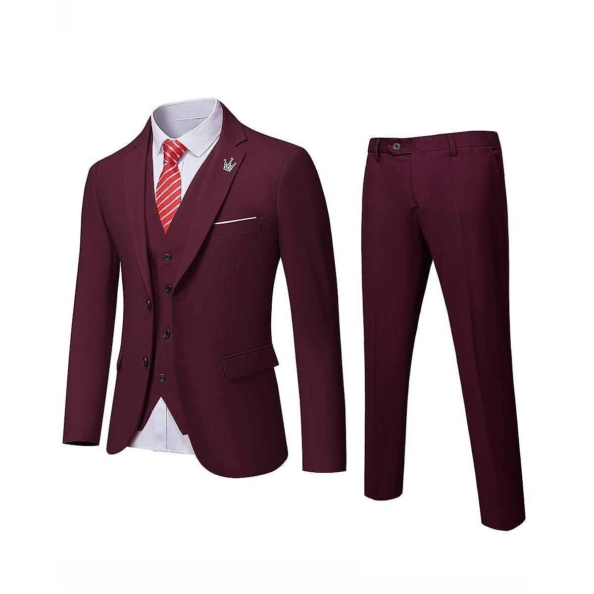 MrSure Men’s 3 Piece Suit Blazer, Slim Fit Tux with 2 Button, Jacket Vest Pants & Tie Set for Party, Wedding and Business Burgundy