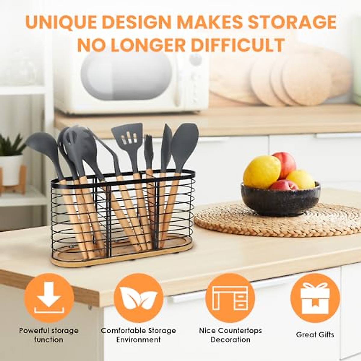 Utensil holder for Kitchen Counter- Large Utensils Holder For Farmhouse Cooking 13.5" x 4.3" x 6.9" with Wooden Base Matte Black Cooking Utensil Holder Spatula Holder Utensil Caddy