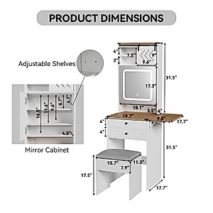 ARTETHYS Farmhouse Small Vanity Desk Set with Mirror Cabinet Compact Makeup Vanity Table with 3 Adjustable Lighted Mirror and Storage Chair for Small Space, White Dressing Table with Fold-up Panel